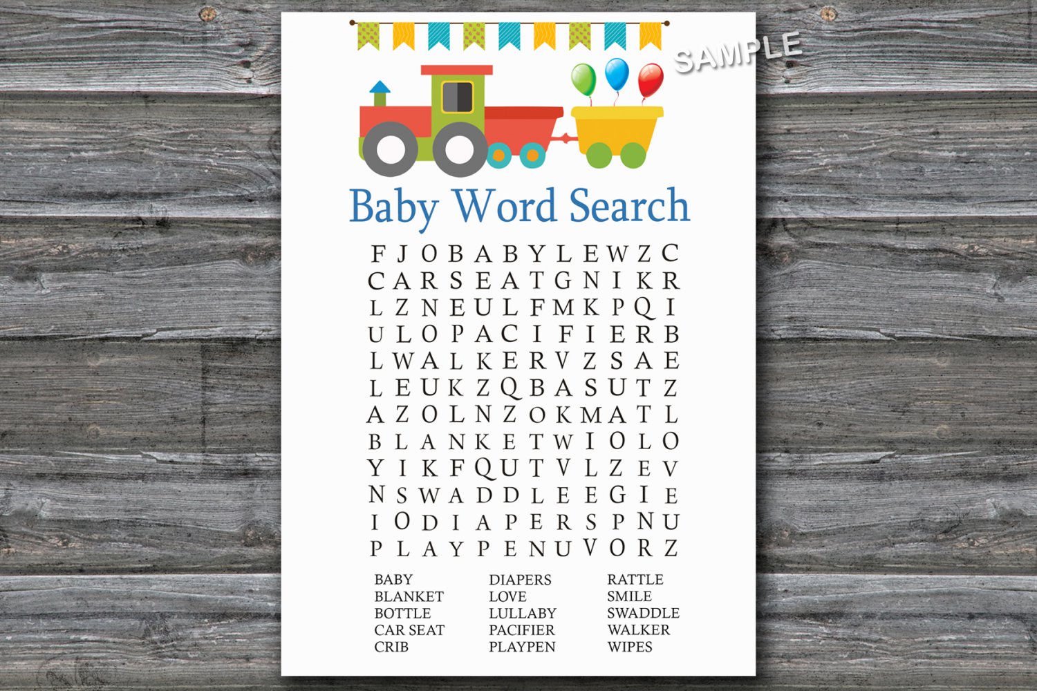Toy train Baby Shower Word Search Game,Toy train Baby shower games ...