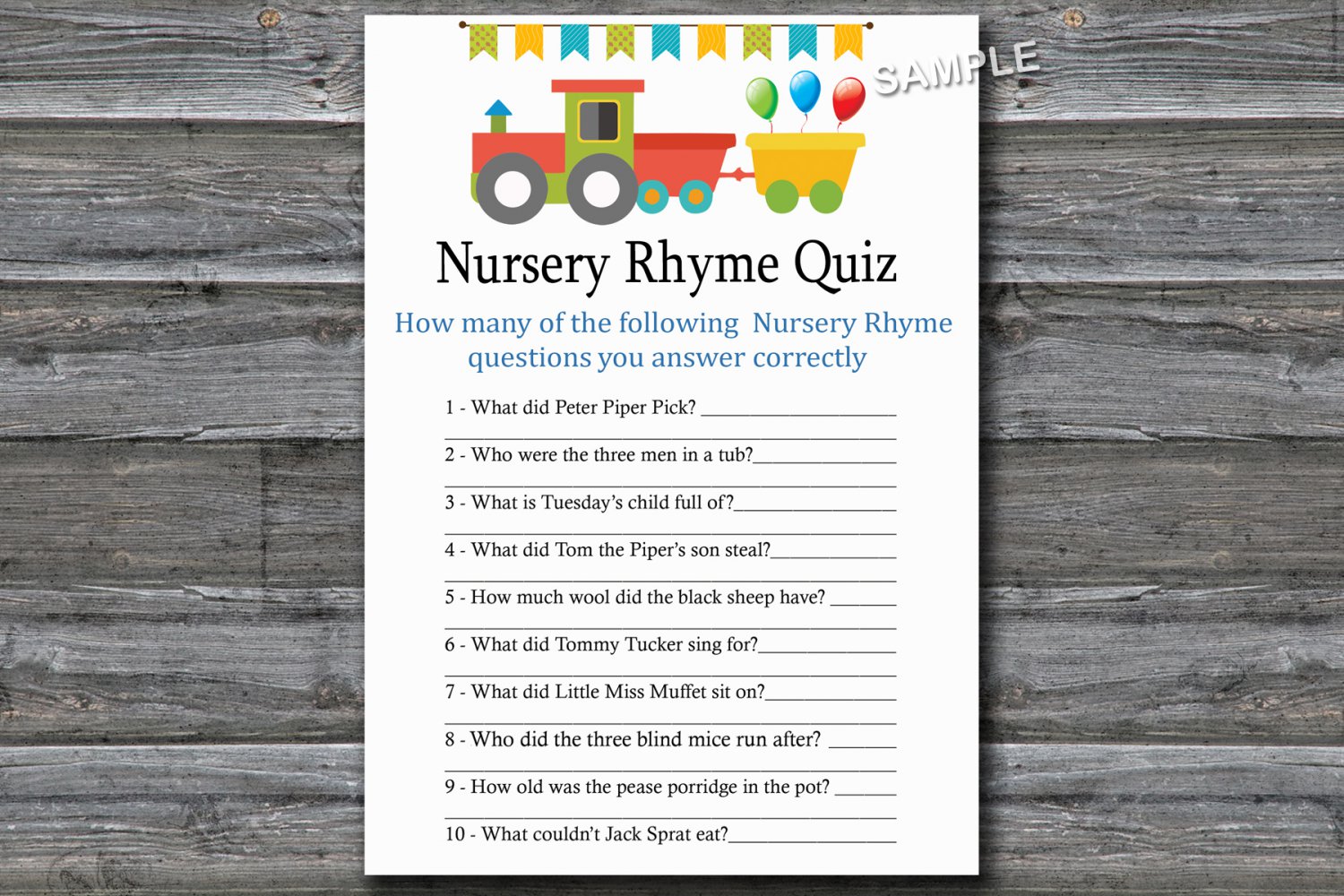 Toy train Nursery Rhyme Quiz baby shower game,Toy train Baby shower ...