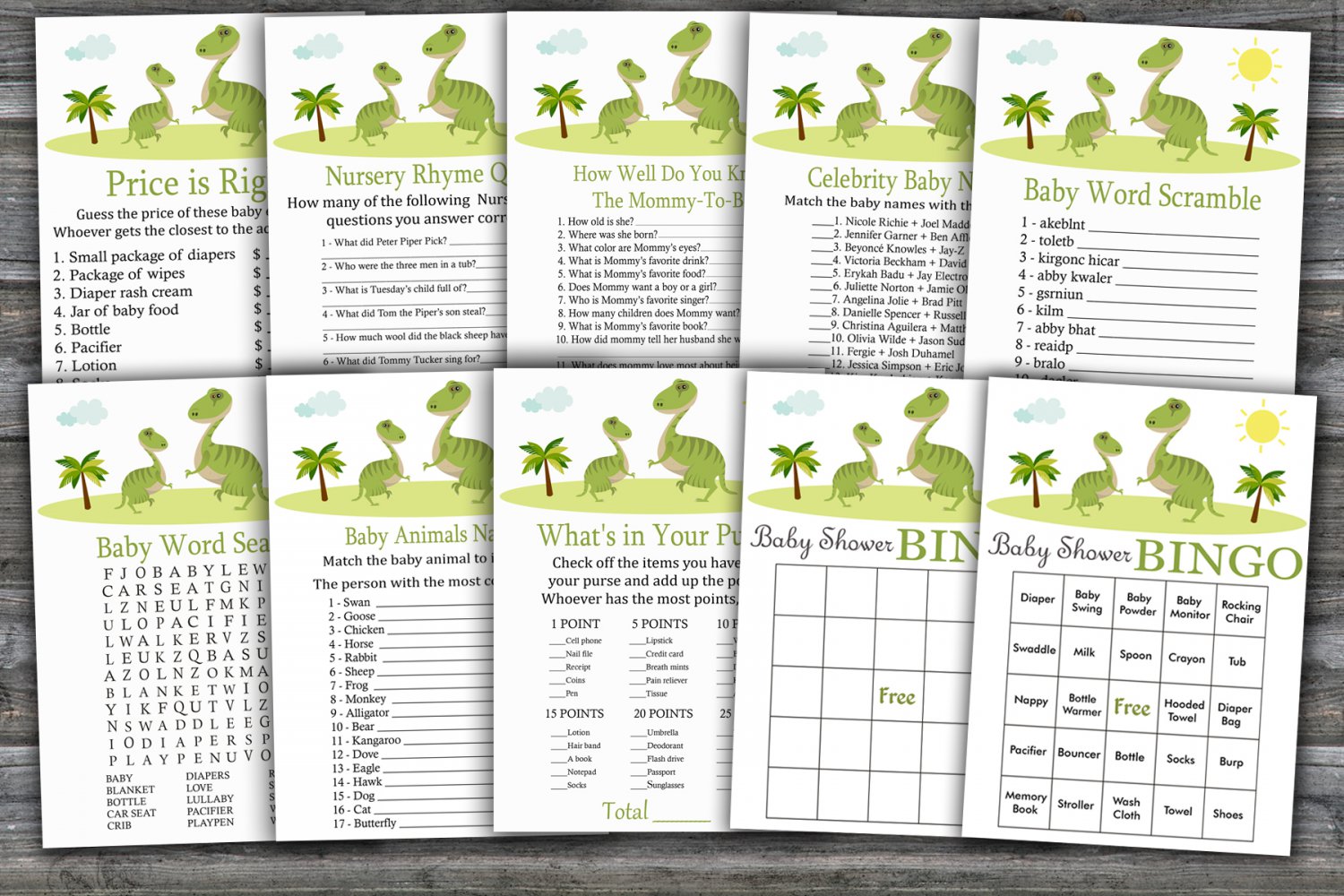 Dino baby shower games package,Dinosaur baby shower games pack,9 Games ...