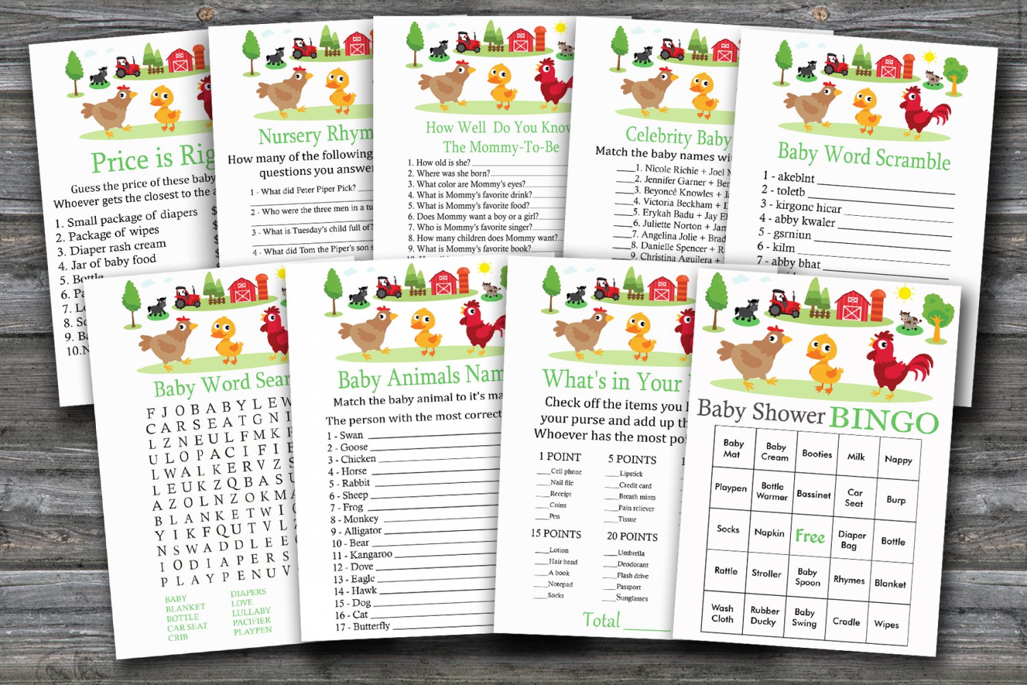 Farm animals baby shower games package,Barnyard baby shower games pack ...