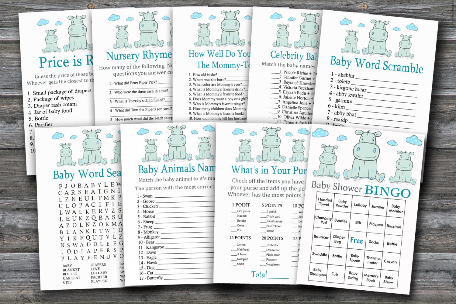 Blue hippo baby shower games package,Blue hippo baby shower games pack ...