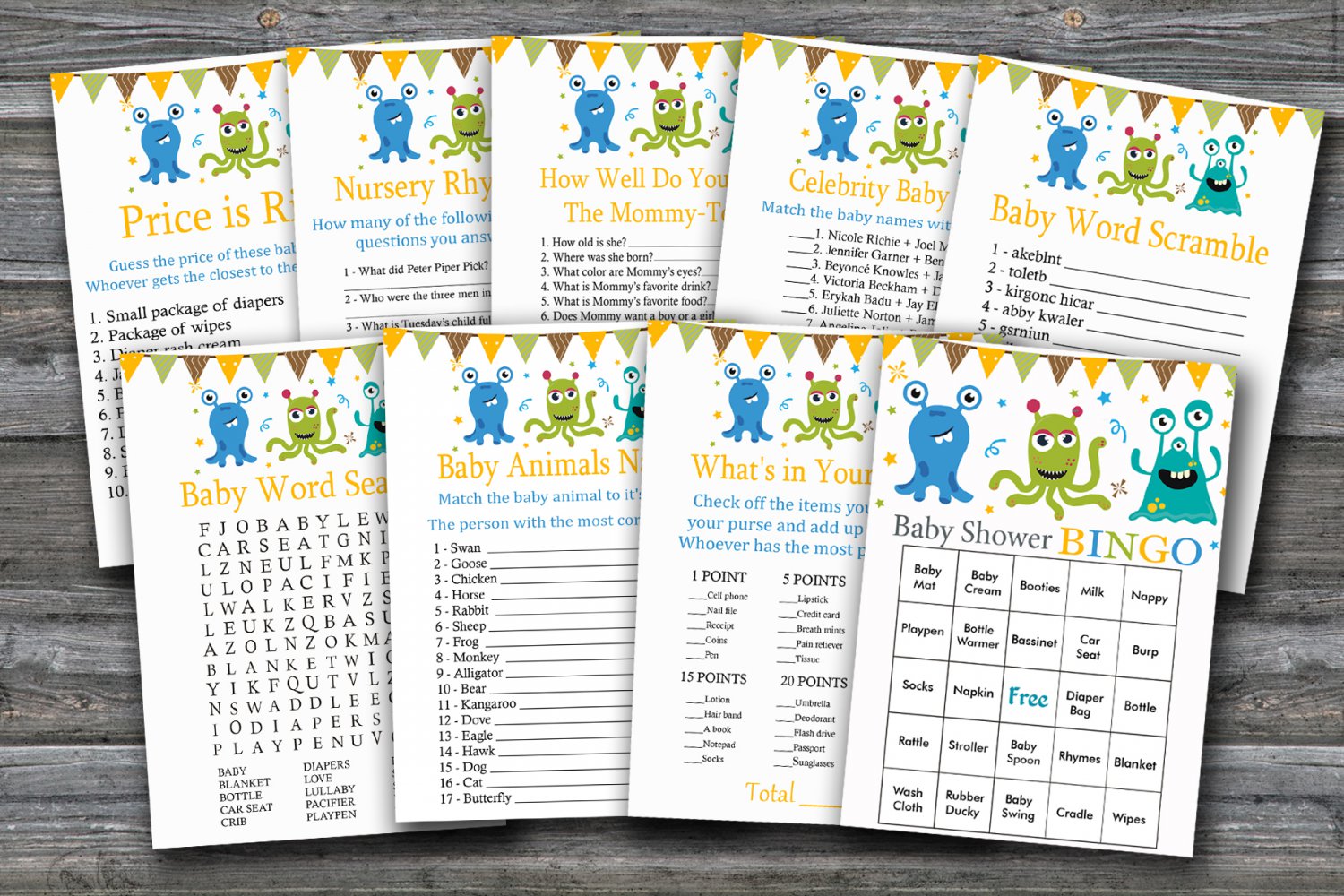 Monster baby shower games package,Monster baby shower games pack,9 ...
