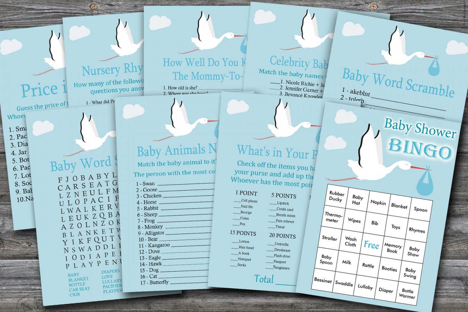 Blue Stork baby shower games package,Stork baby shower games pack,9 ...