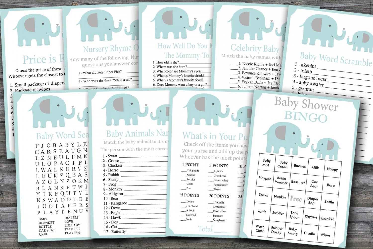 Cute Elephant baby shower games package,Blue Elephant baby shower games ...