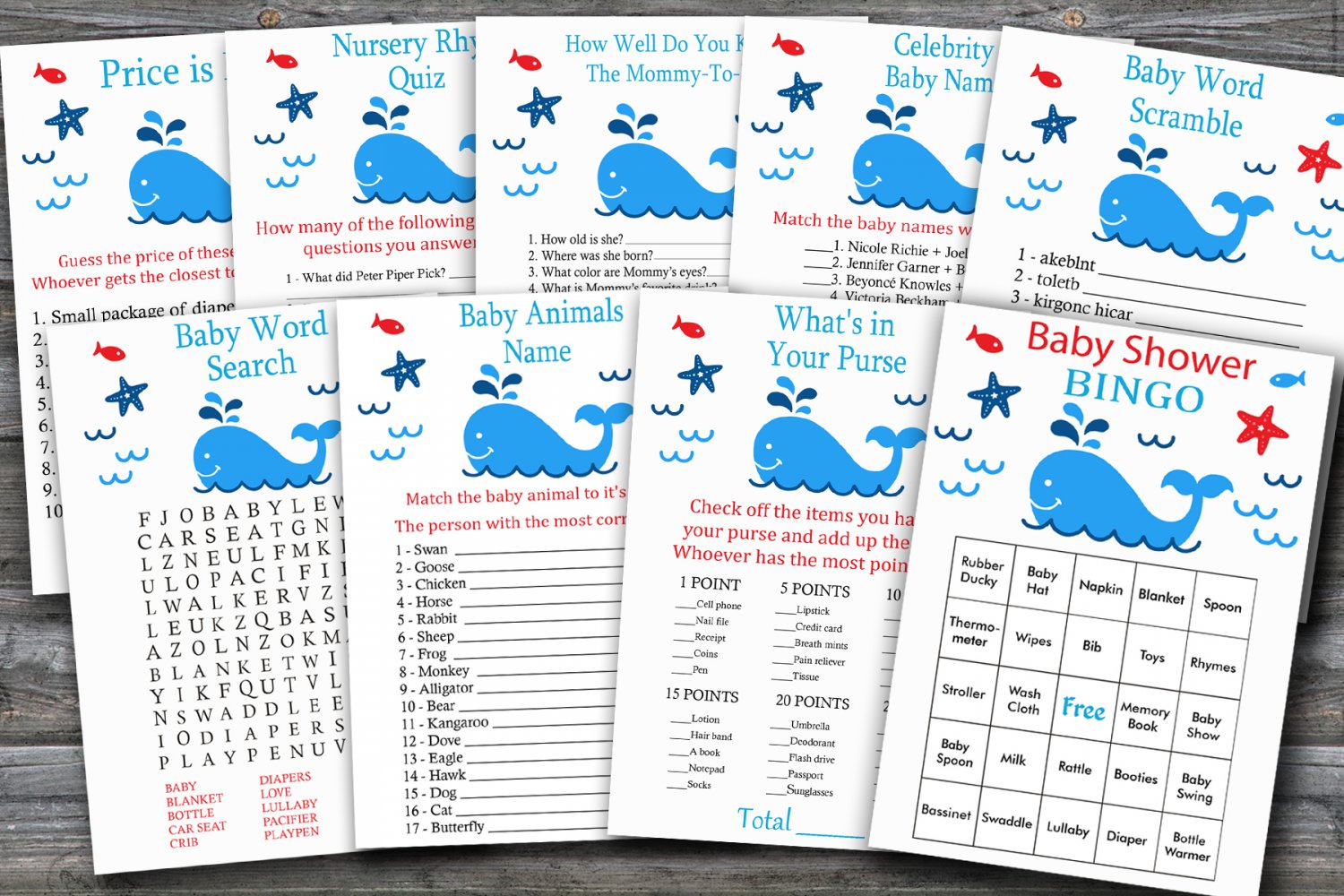Blue Whale baby shower games package,Whale baby shower games pack,9 ...