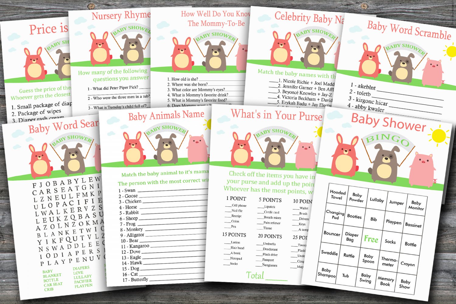 Farm animals baby shower games package,Barnyard baby shower games pack ...