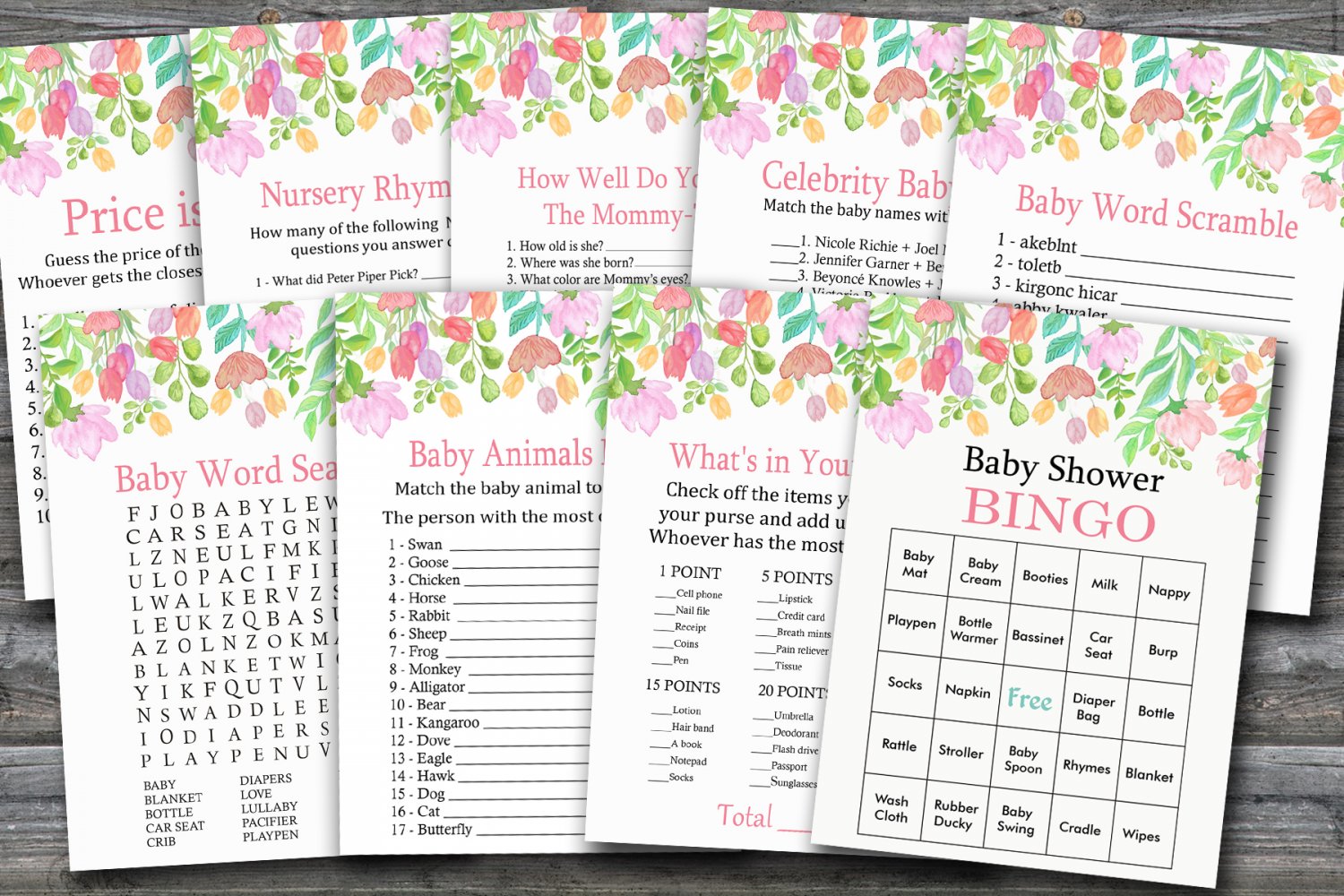 Watercolor Flowers baby shower games package,Floral baby shower games,9 ...