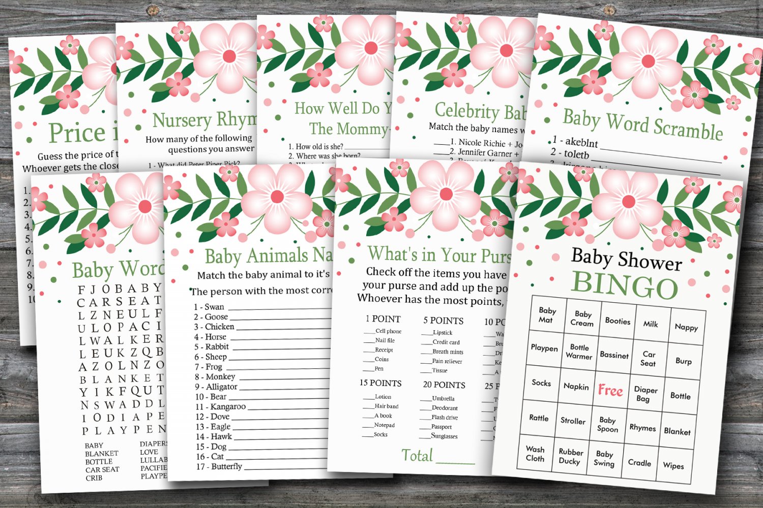 Pink Flowers baby shower games package,Floral baby shower games pack,9 ...