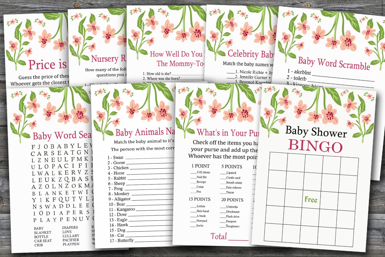 Pink Flowers baby shower games package,Floral baby shower games pack,9 ...