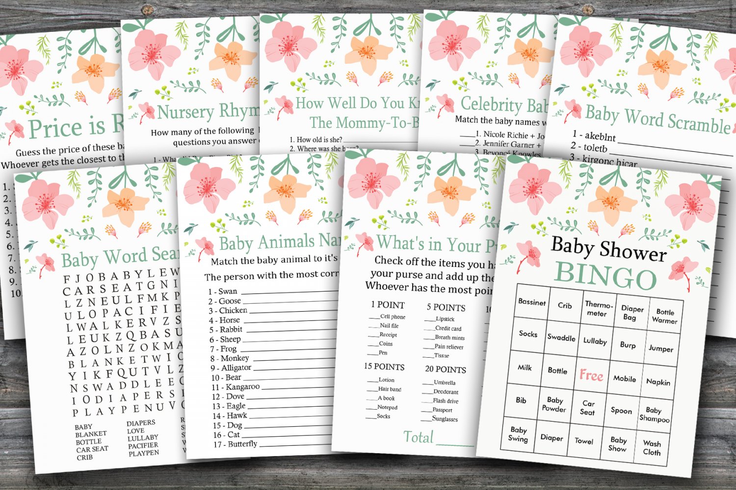 Pink Flowers baby shower games package,Floral baby shower games pack,9 ...