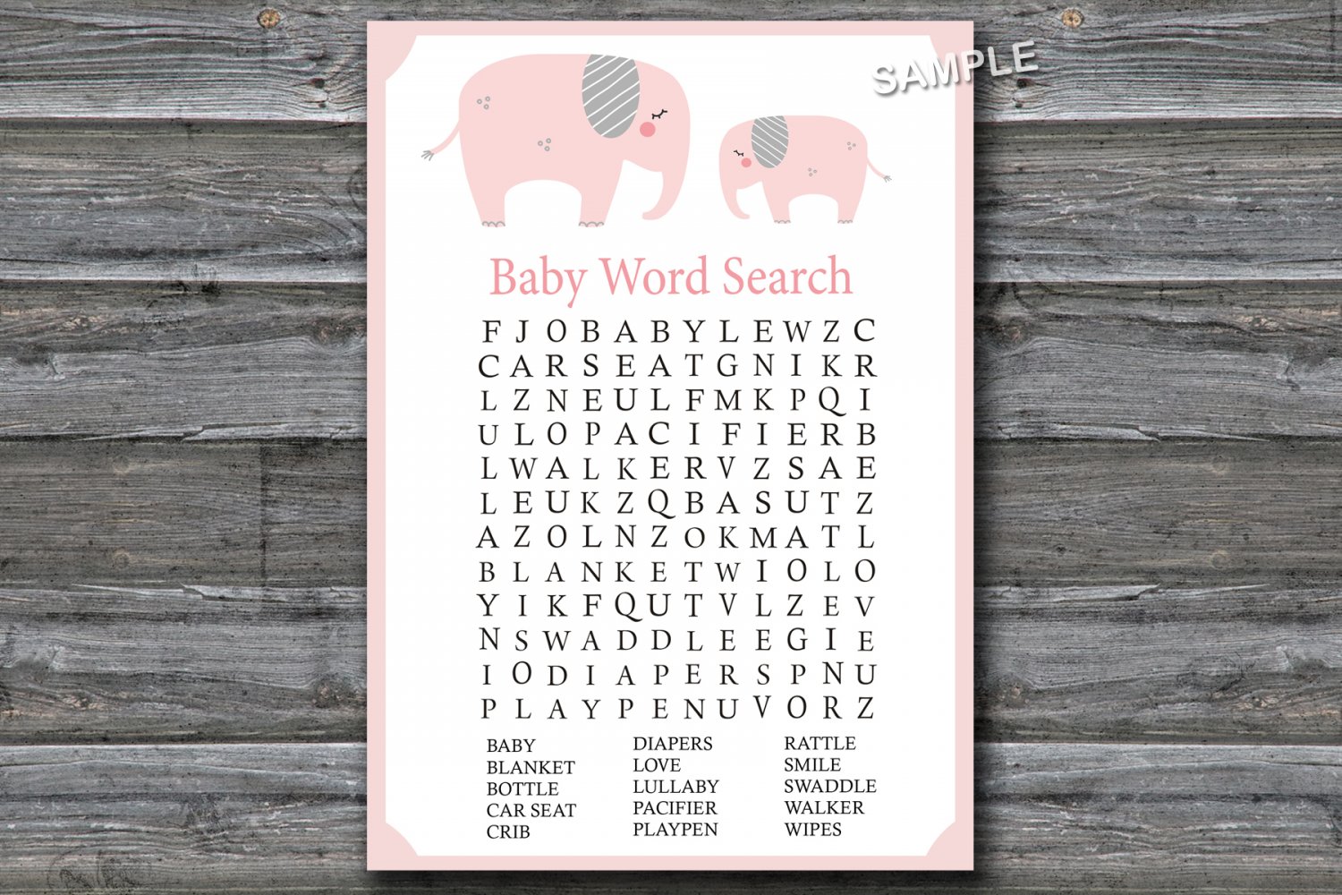 Pink Elephant Baby Shower Word Search Game,Elephant Baby shower games ...