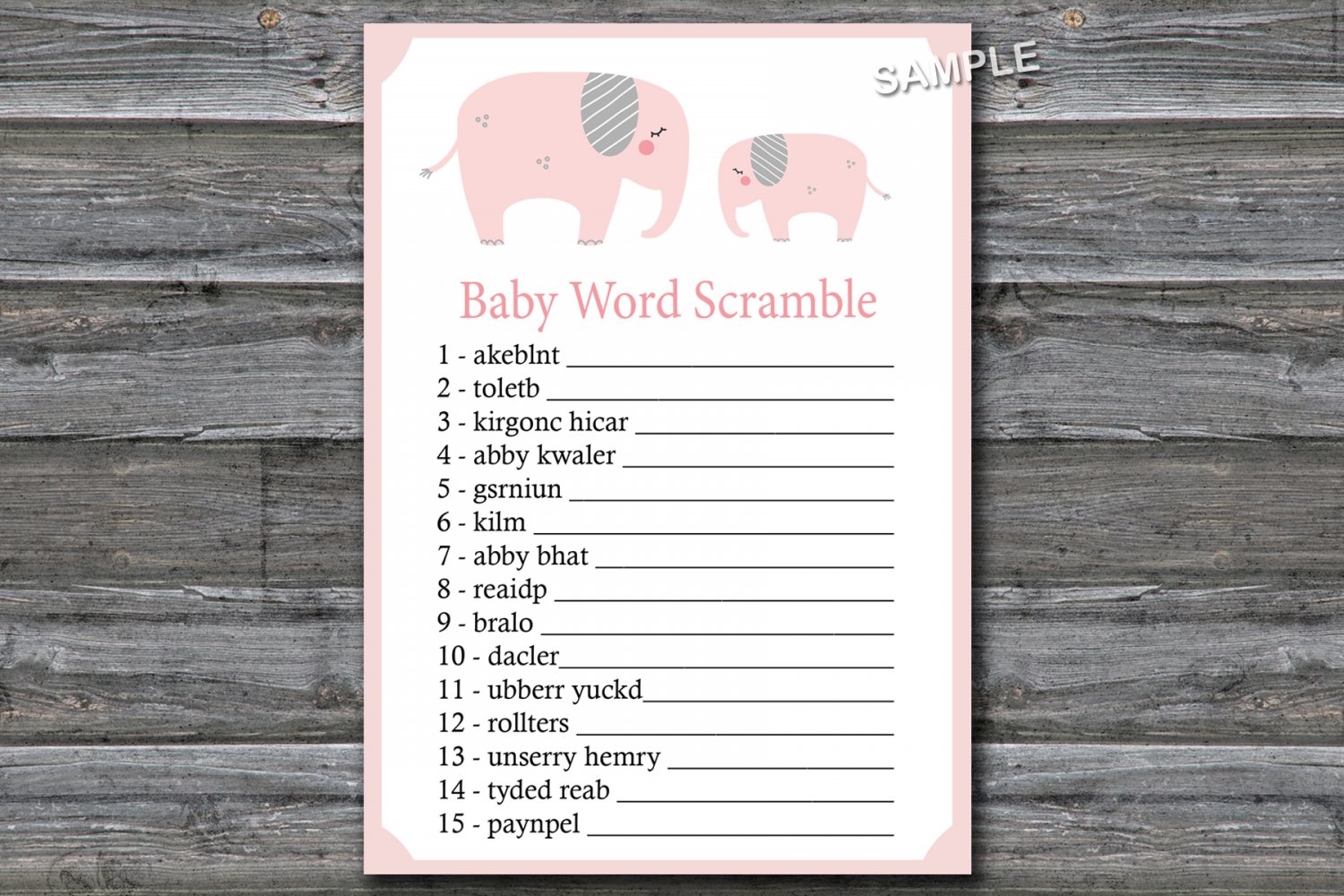 Pink Elephant Baby word scramble game,Elephant Baby shower games ...