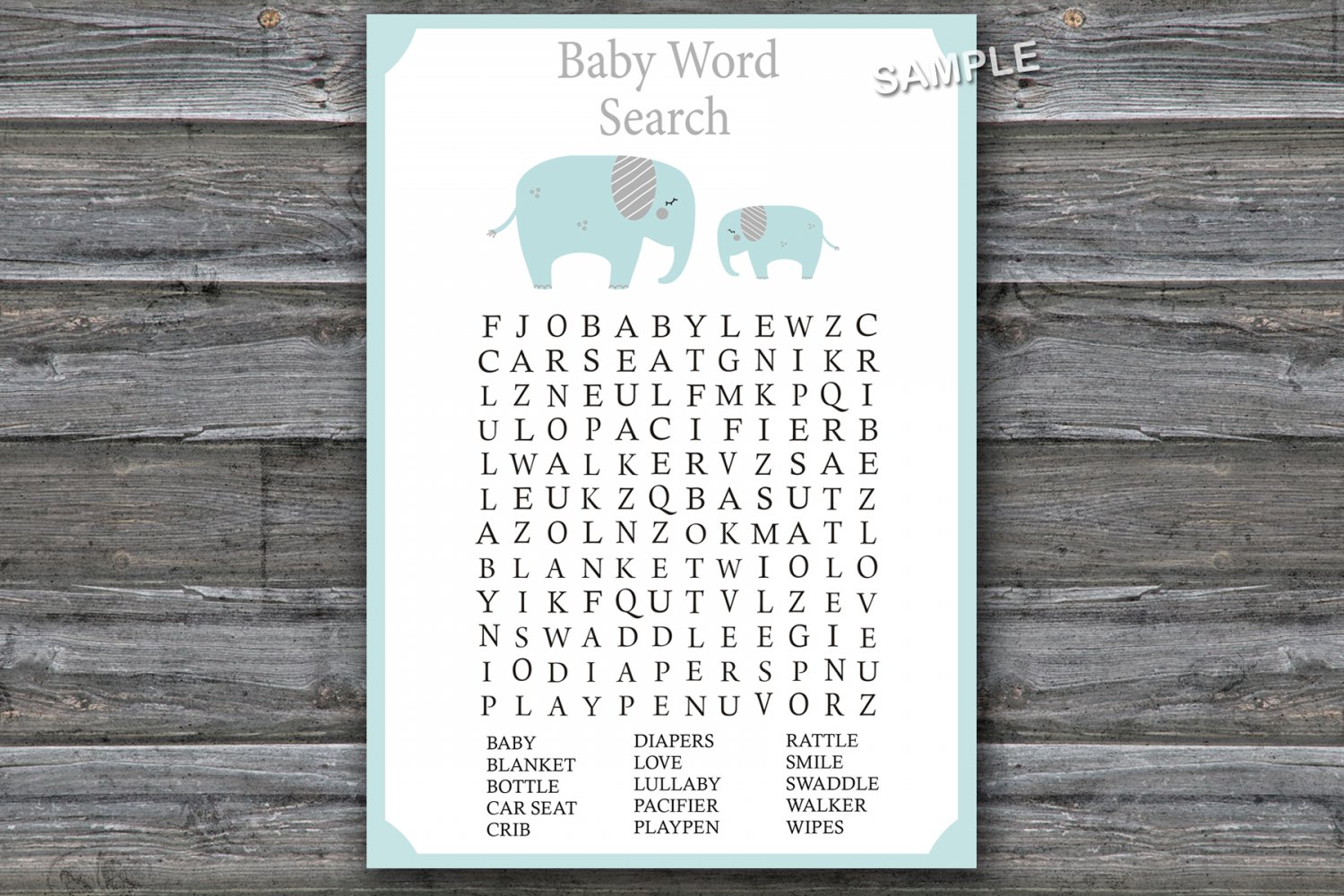 Blue Elephant Baby Shower Word Search Game,Elephant Baby shower games ...