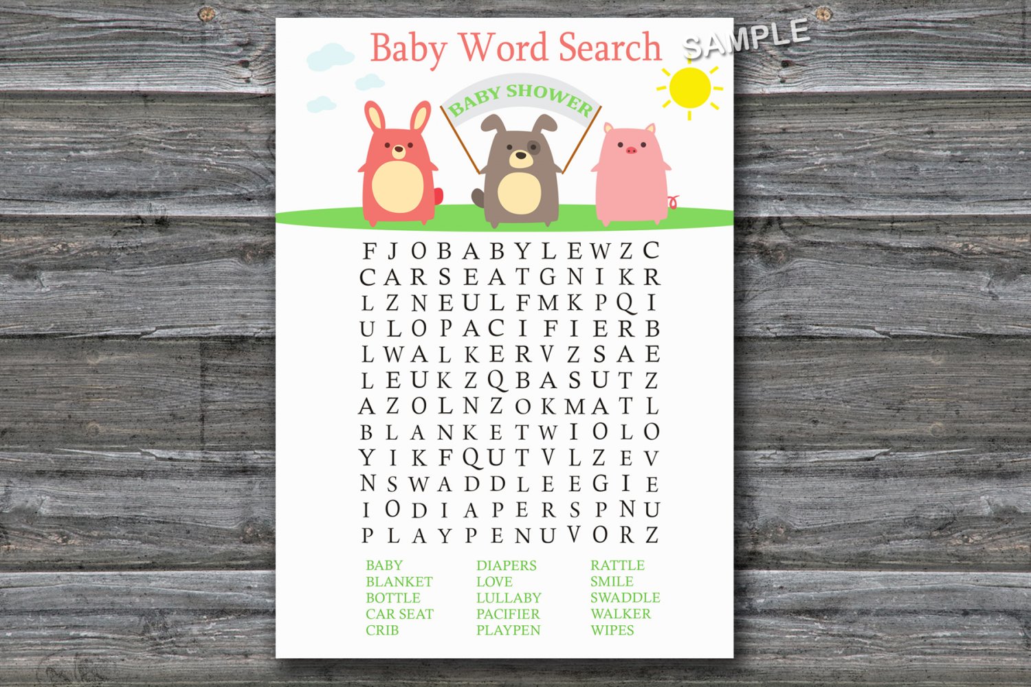 Farm animals Baby Shower Word Search Game,Farm Baby shower games ...