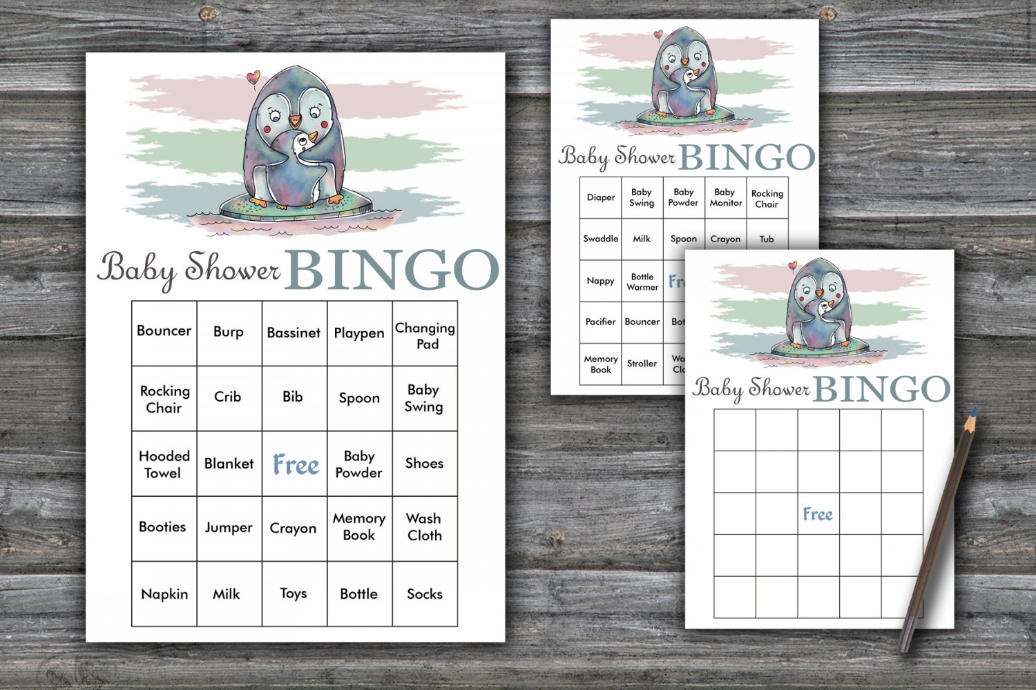 Penguin baby shower bingo cards,Winter animals baby shower bingo cards ...