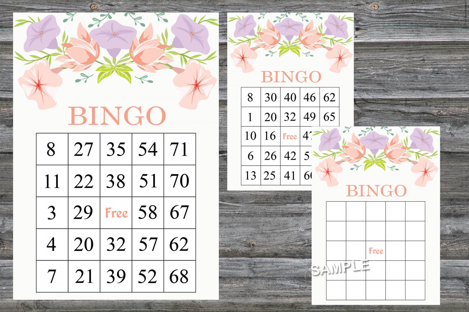 Pink and purple Flowers bingo game,Floral bingo card,60 Printable card ...