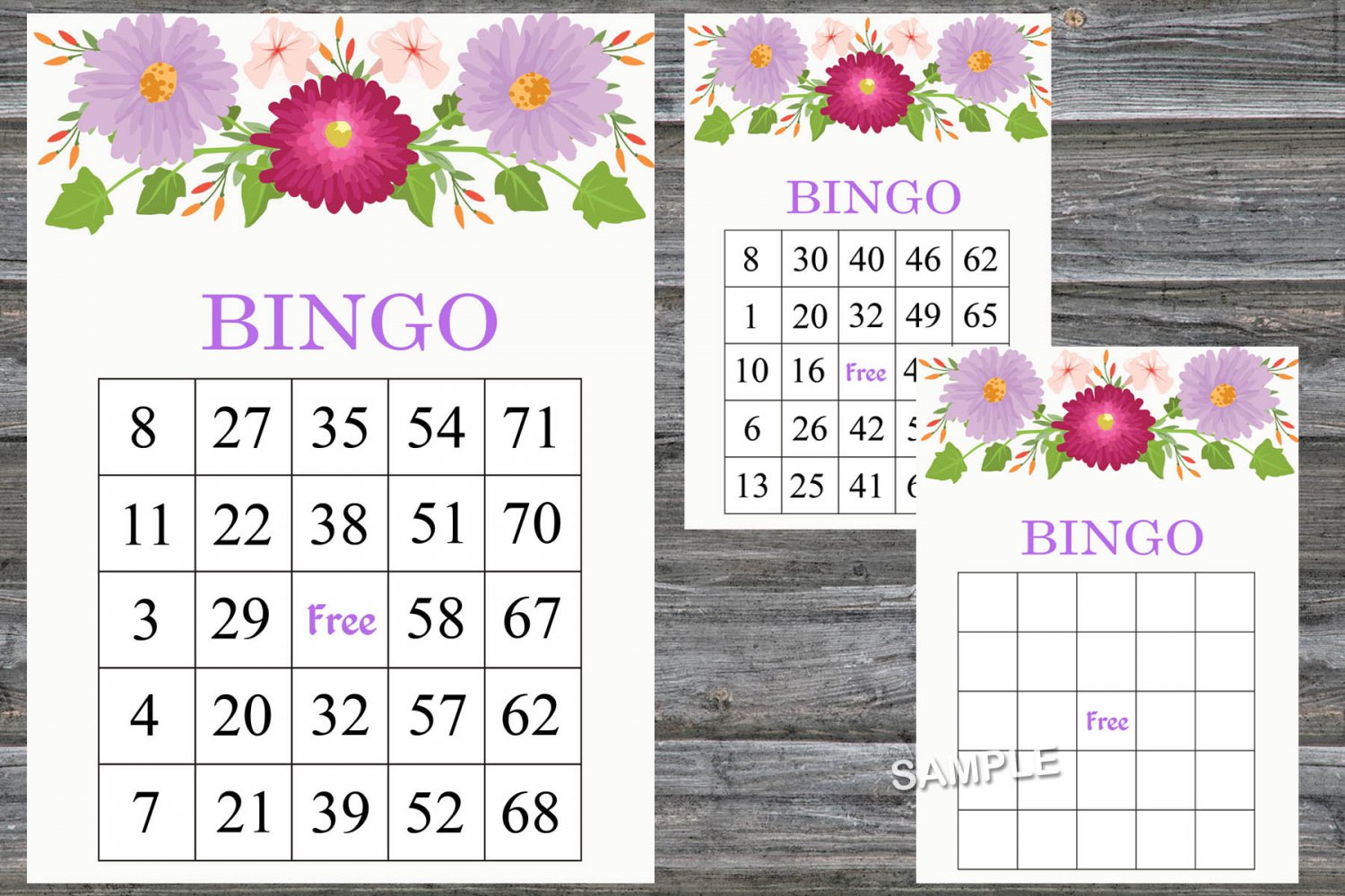 Purple and burgundy Flowers bingo game,Floral bingo card,60 Printable ...