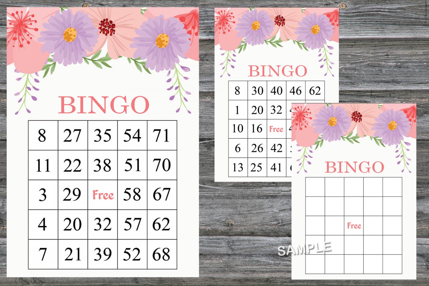 Pink and purple flowers bingo game,Floral bingo card,60 Printable card ...