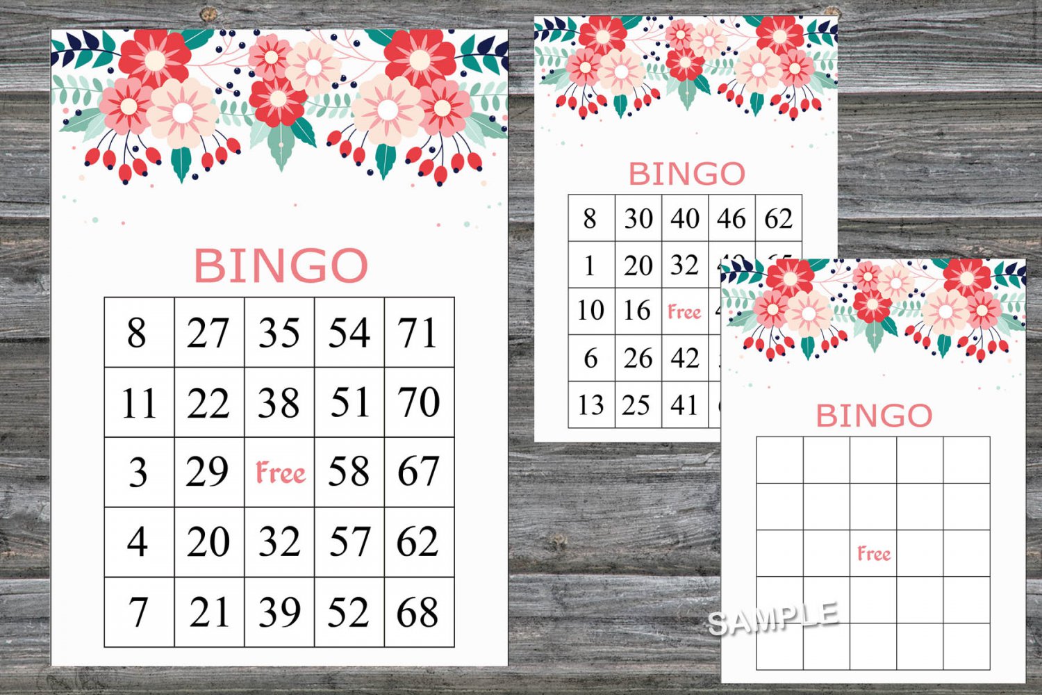 Flowers bingo game,Floral bingo card,60 Printable card,INSTANT DOWNLOAD--92