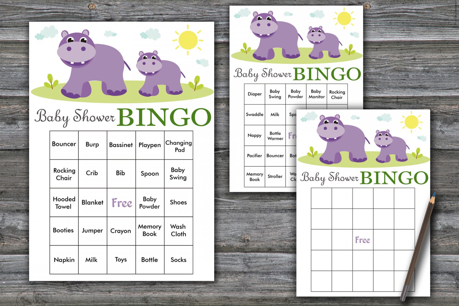 Hippo baby shower bingo cards,Hippo baby shower game ,60 Prefilled ...