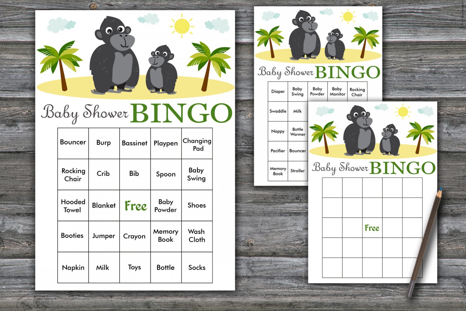Gorilla baby shower bingo cards,Monkey baby shower game ,60 Prefilled ...