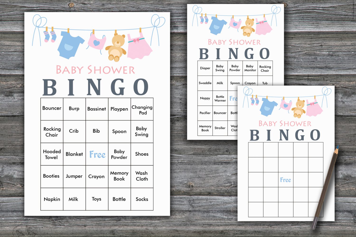 Clothesline baby shower bingo cards,Clothesline baby shower game ,60 ...