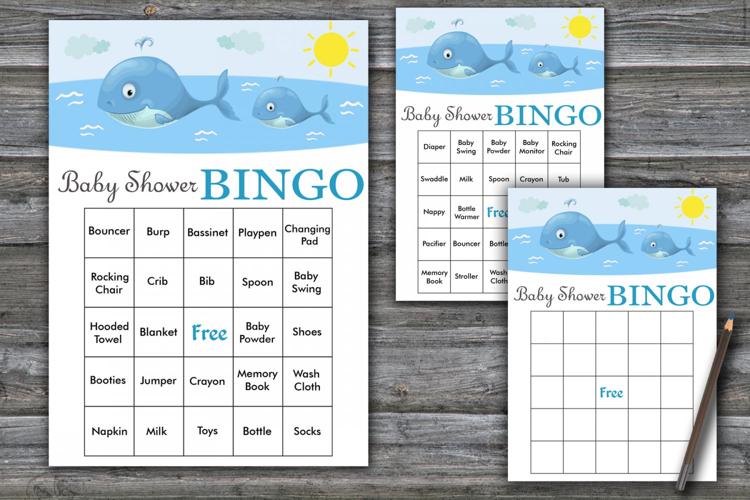 Whale baby shower bingo cards,Whale baby shower game ,60 Prefilled ...