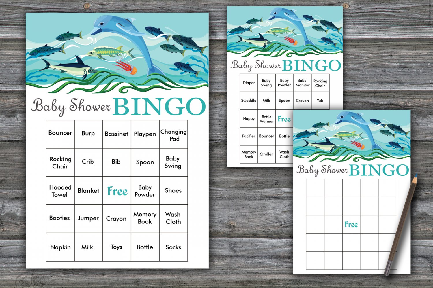 Dolphin baby shower bingo cards,Under the sea baby shower game ,60 ...