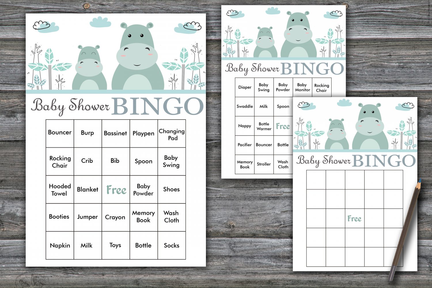 Blue Hippo baby shower bingo cards,Hippo baby shower game ,60 Prefilled ...