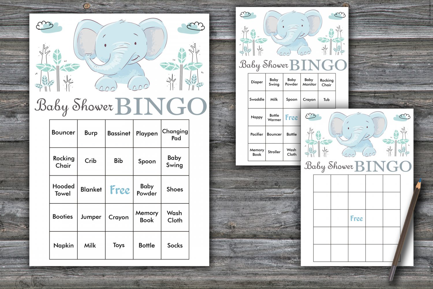 Blue Elephant baby shower bingo cards,Elephant baby shower game ,60 ...