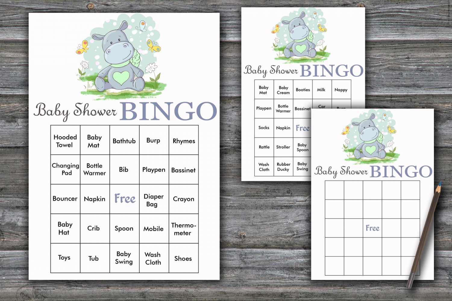 Baby Hippo baby shower bingo cards,Hippo baby shower game ,60 Prefilled ...