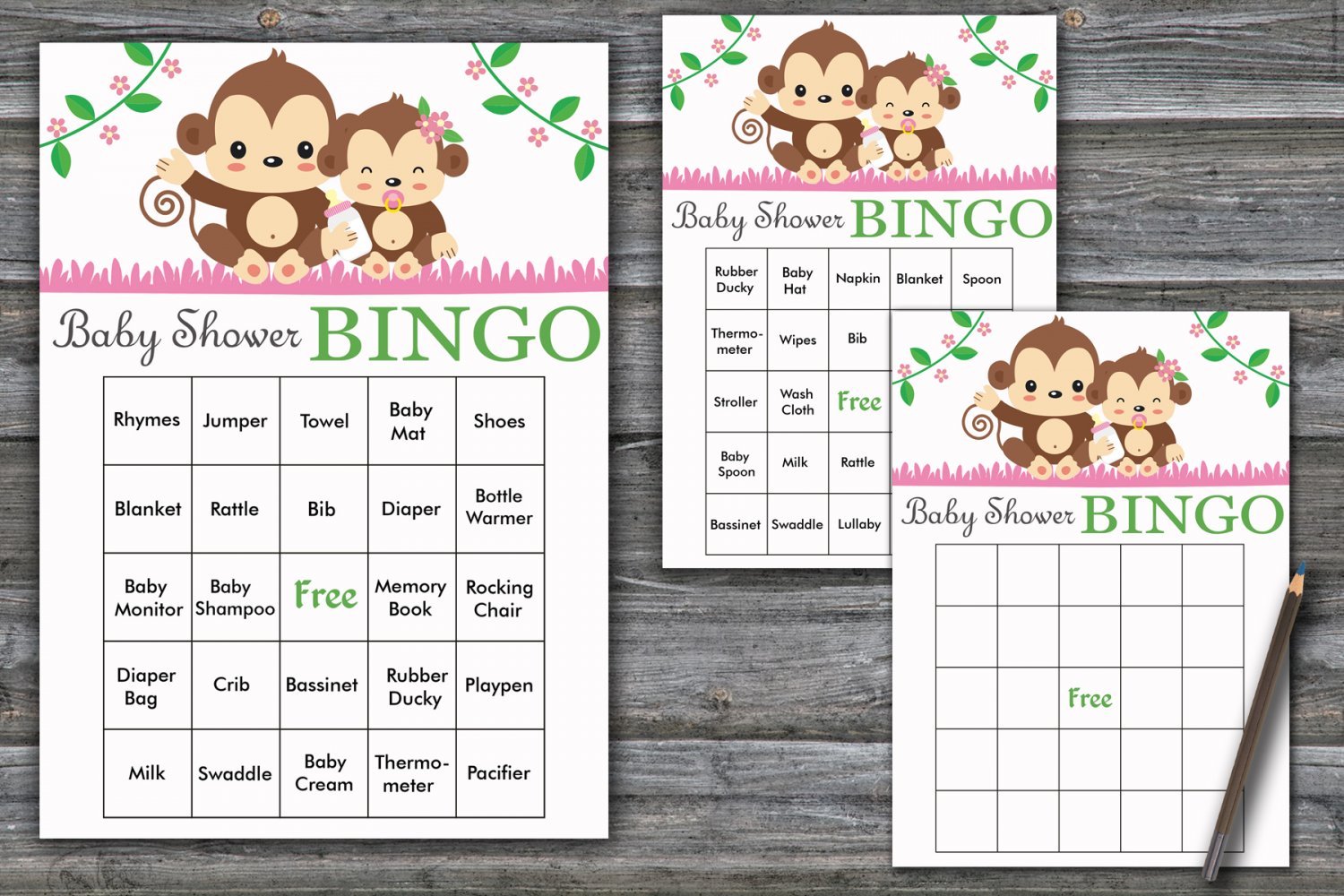 Baby Monkey baby shower bingo cards,Monkey baby shower game ,60 ...
