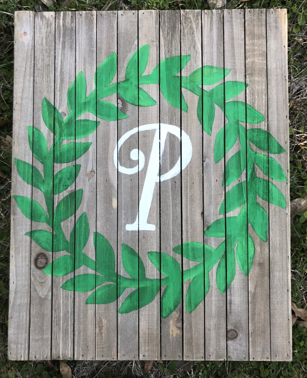 Pallet Wood Initial Sign with Leaf Wreath