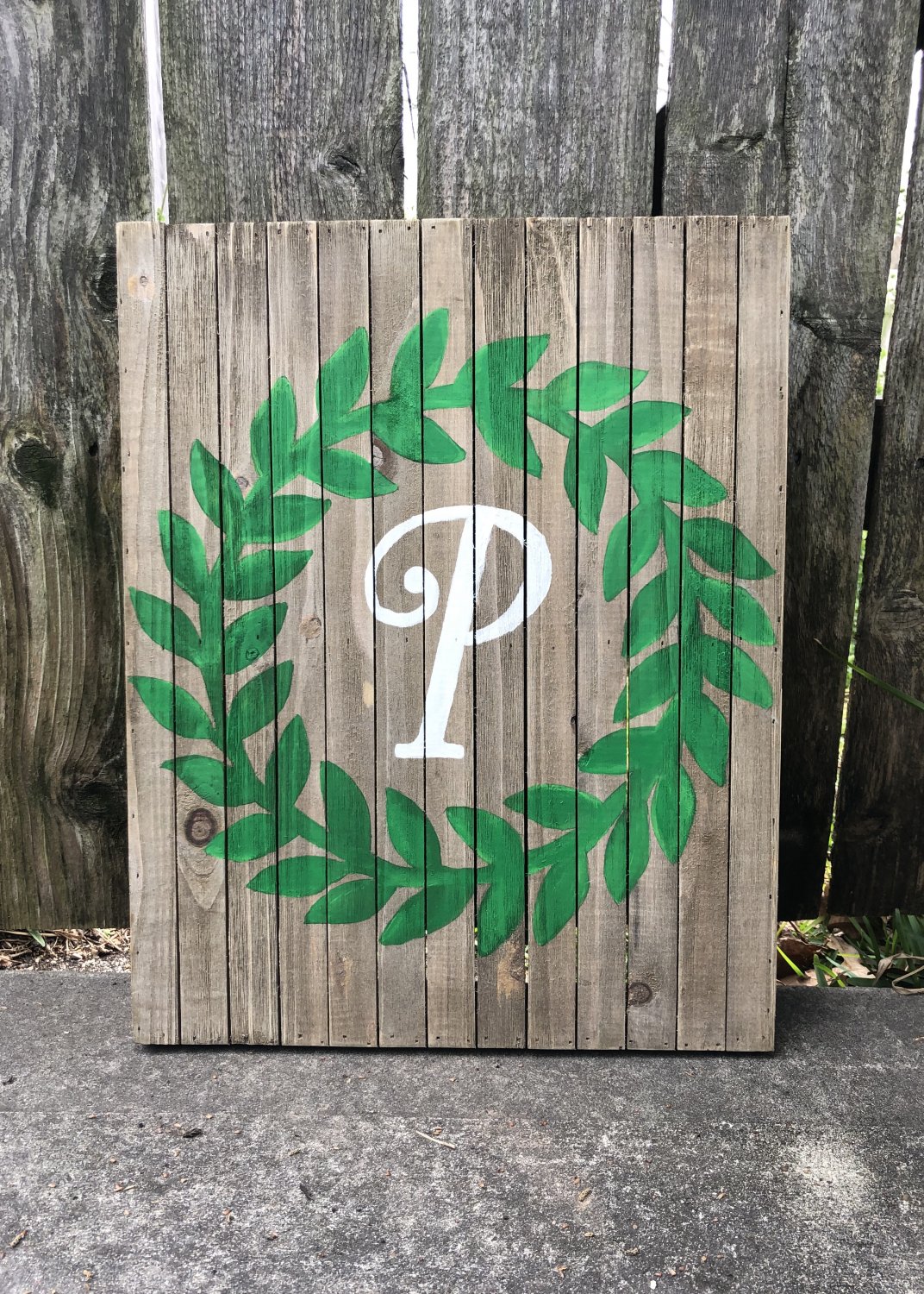 Pallet Wood Initial Sign with Leaf Wreath