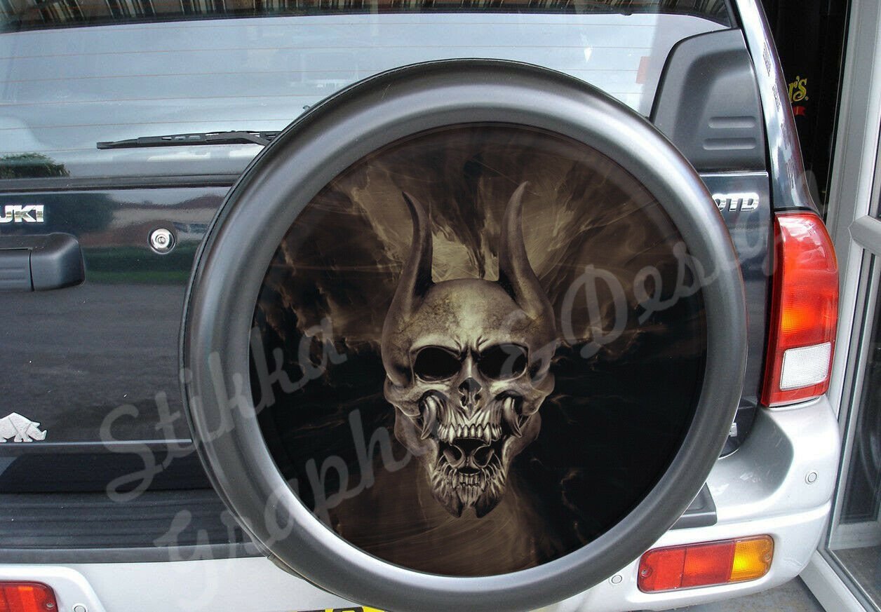 Skull Spare Tire Cover Decal Demon Full Color Vinyl Sticker Wheel Case Wrap