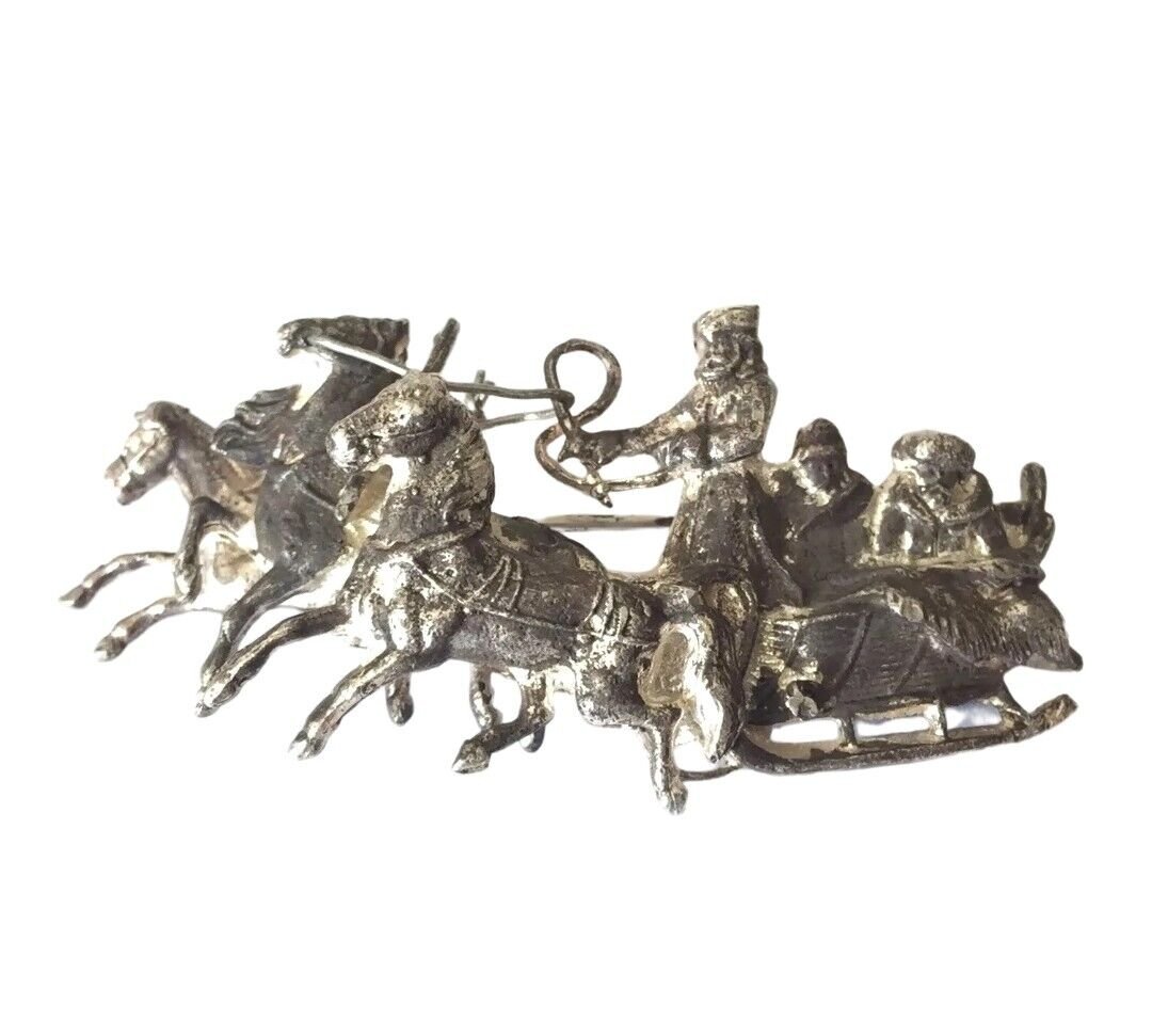 Imperial Russian Troika Cossack Antique Brooch - 84 Silver, 1800s 3horses