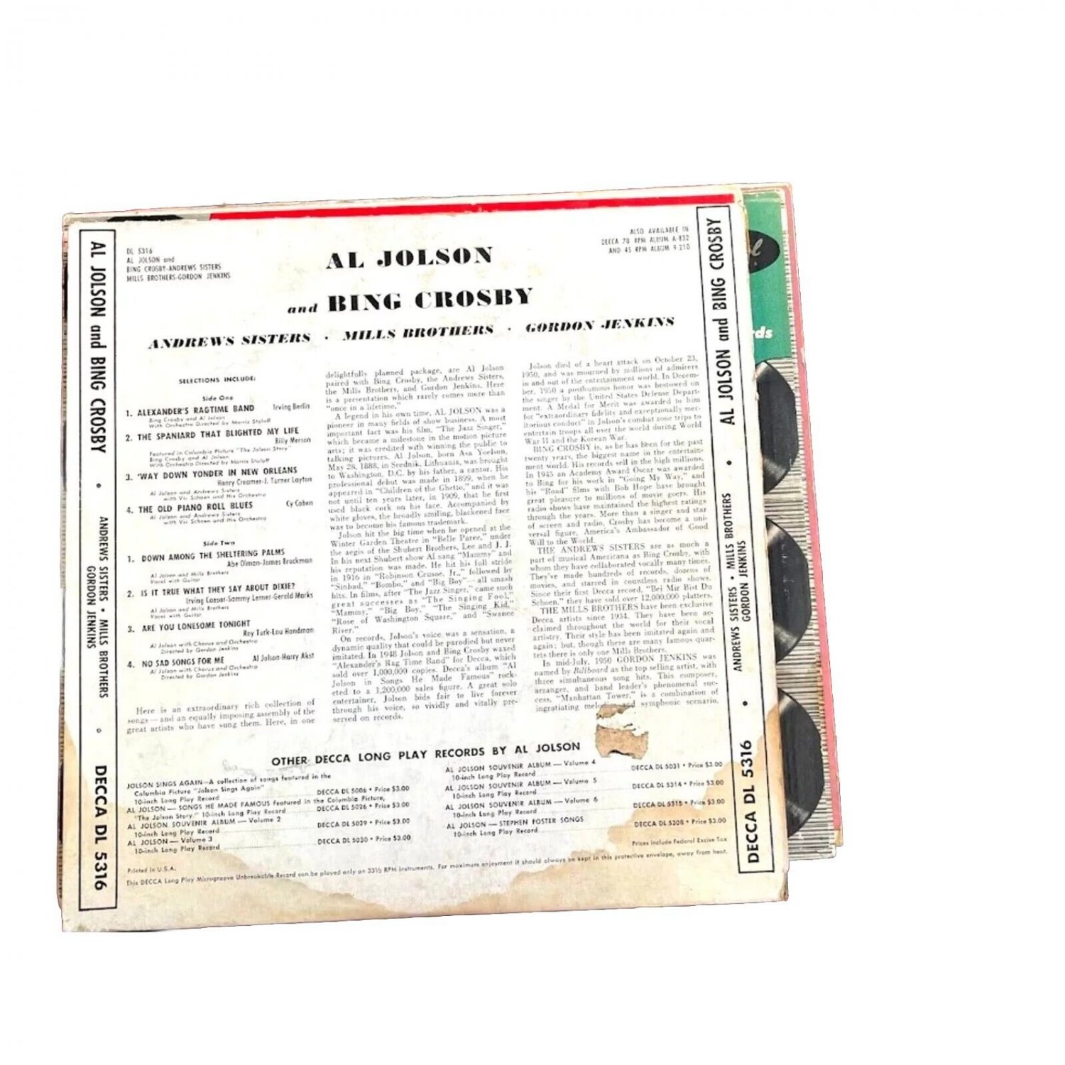 Al Jolson And Bing Crosby Vinyl Lp Vintage Decca Records DL 5316