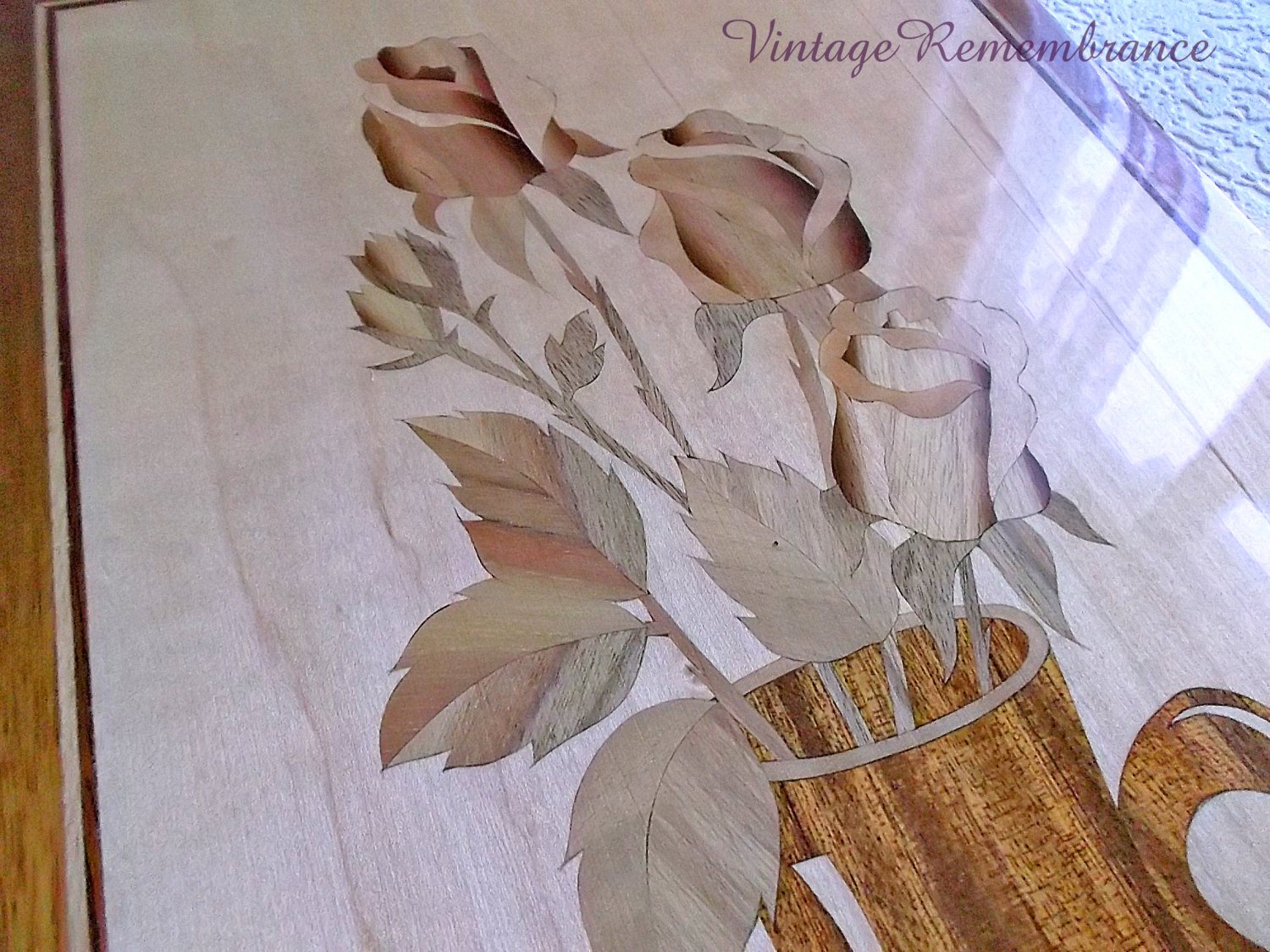Vintage Marquetry Intarsia Picture Roses Wooden Wall Decor Rare light color