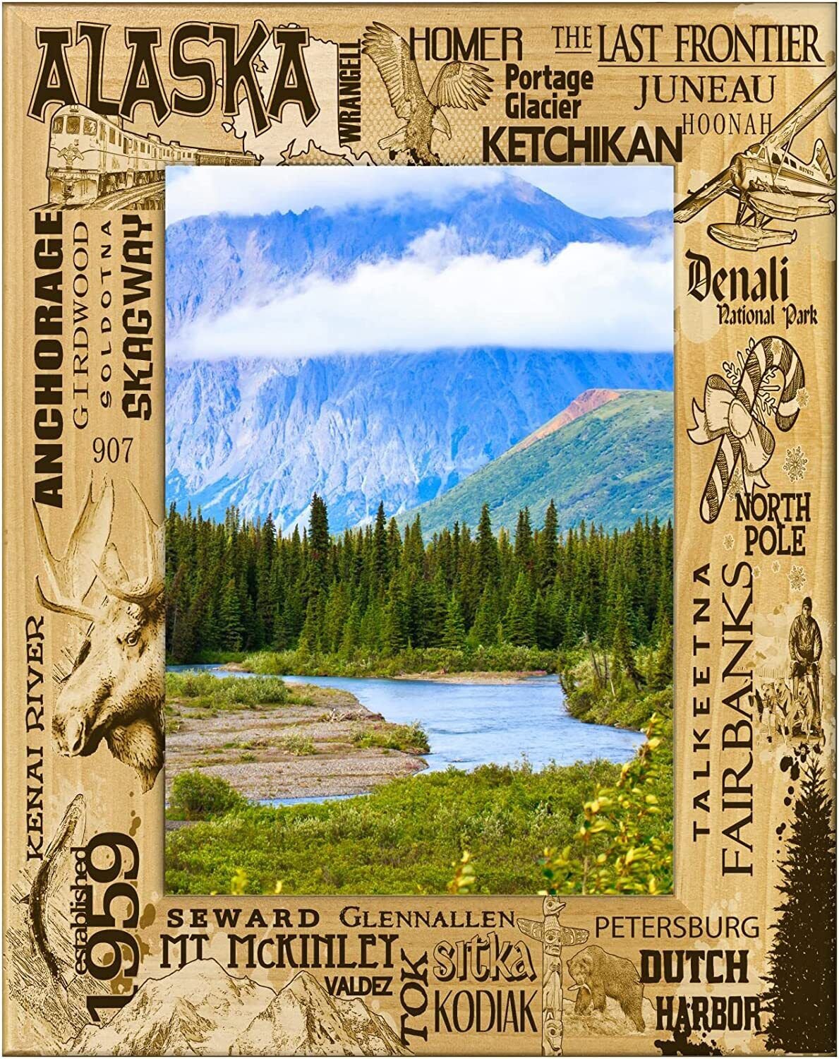 Alaska Montage Laser Engraved Wood Picture Frame Portrait (5 x 7)