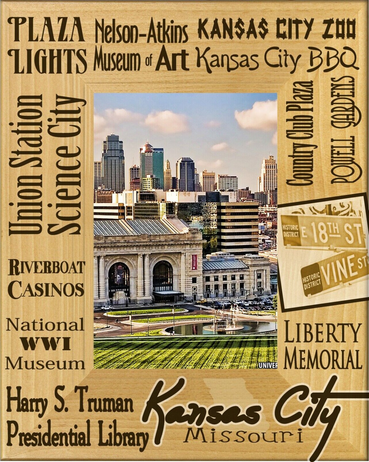 Kansas City Missouri Landmarks Laser Engraved Wood Picture Frame ...