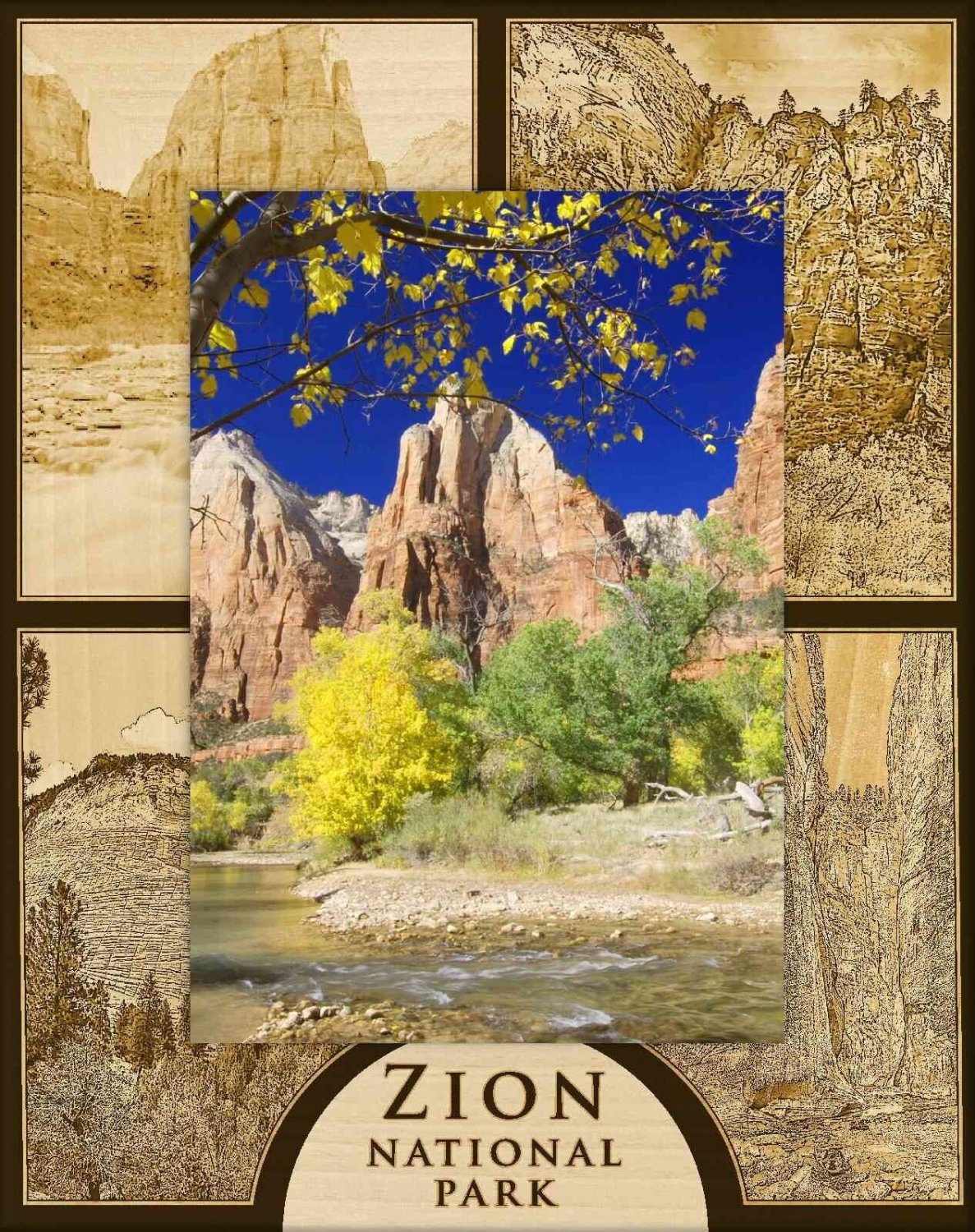 Zion National Park with 4 Scenes Laser Engraved Wood Picture Frame (5 x 7)