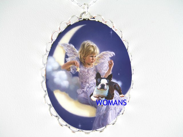 BOSTON TERRIER DOG ANGEL MOON CAMEO PORCELAIN NECKLACE