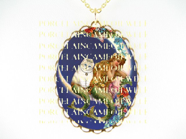 VICTORIAN MERMAID CUDDLING MERMAID CAT FLOWER MOON *CAMEO PORCELAIN ...