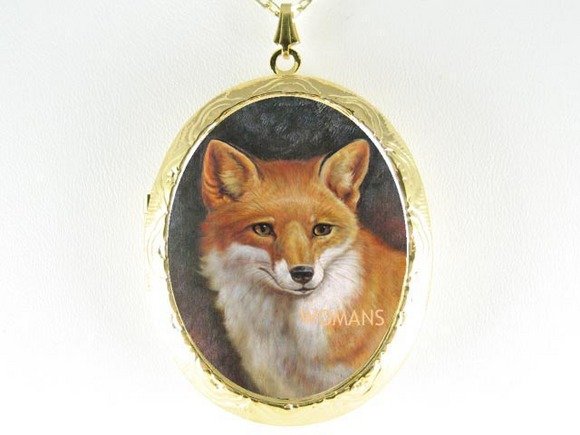 SWEET RED FOX PORCELAIN CAMEO LOCKET PENDANT NECKLACE