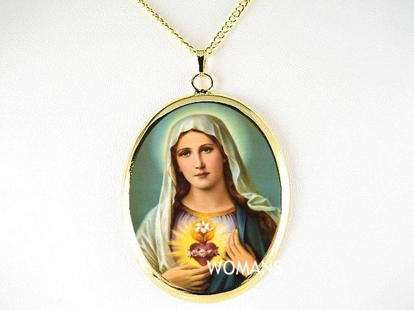 VIRGIN MARY SCARED HEART ROSE PORCELAIN CAMEO NECKLACE