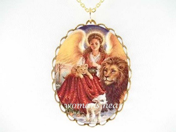 CHRISTIAN ANGEL LION and LAMB CAMEO PORCELAIN NECKLACE