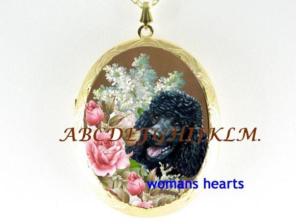 BLACK POODLE DOG ROSE LILAC PORCELAIN CAMEO LOCKET NECKLACE