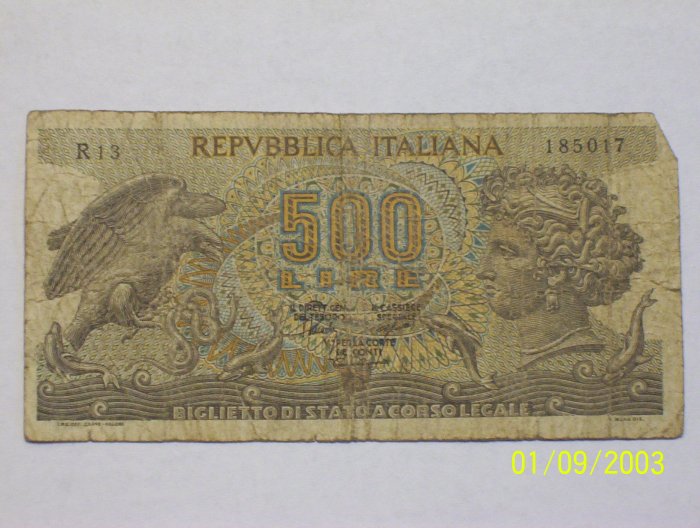 1,000 Lire bill & 500 Lire bill