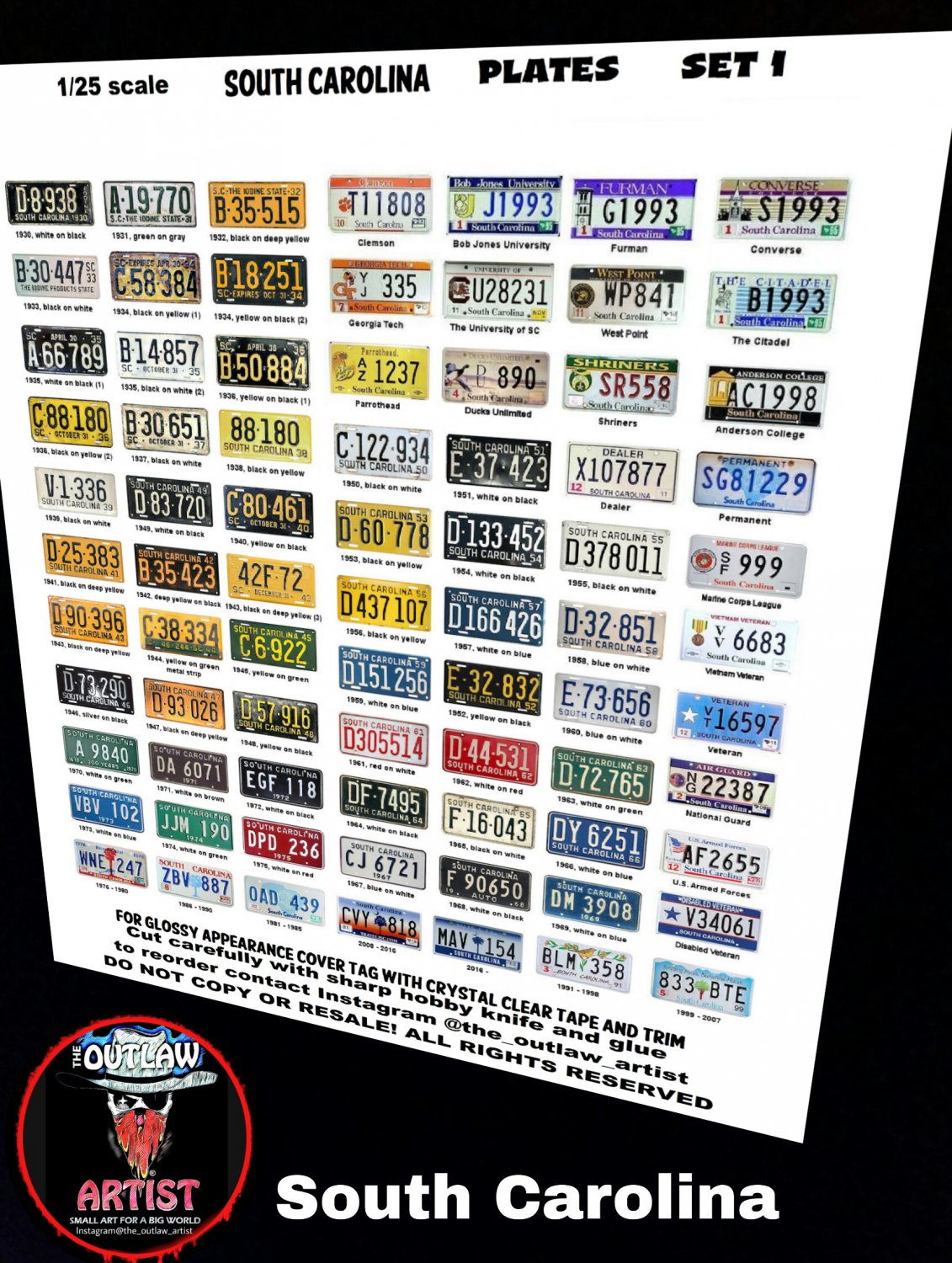SOUTH CAROLINA License Plate Set 1/24 1/25 Scale