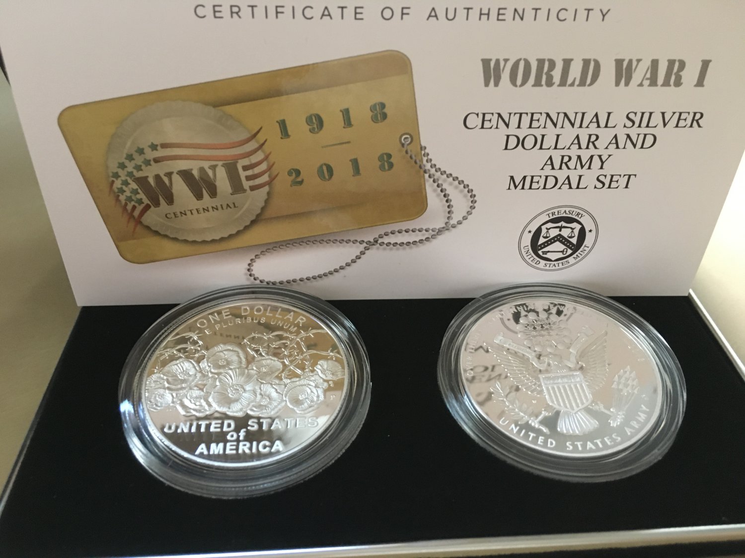 2018 World War I Centennial Silver Dollar and Army Medal Set